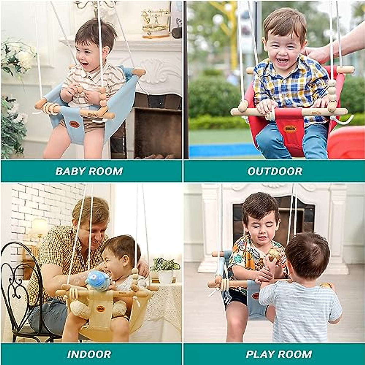 BBkids Indoor Baby Swing, Canvas Baby Swing, Wooden Hammock Hanging Swing Seat Chair with Safety Belt, Outdoor Kids Toddler Baby Tree Swing, Full Set of Ceiling Screws. (Cream)