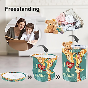 Clastyle 45L Large Green Giraffe Family Kid Laundry Hamper with Handle Collapsible Animal Love Clothes Toy Storage Basket with Lid for Nursery