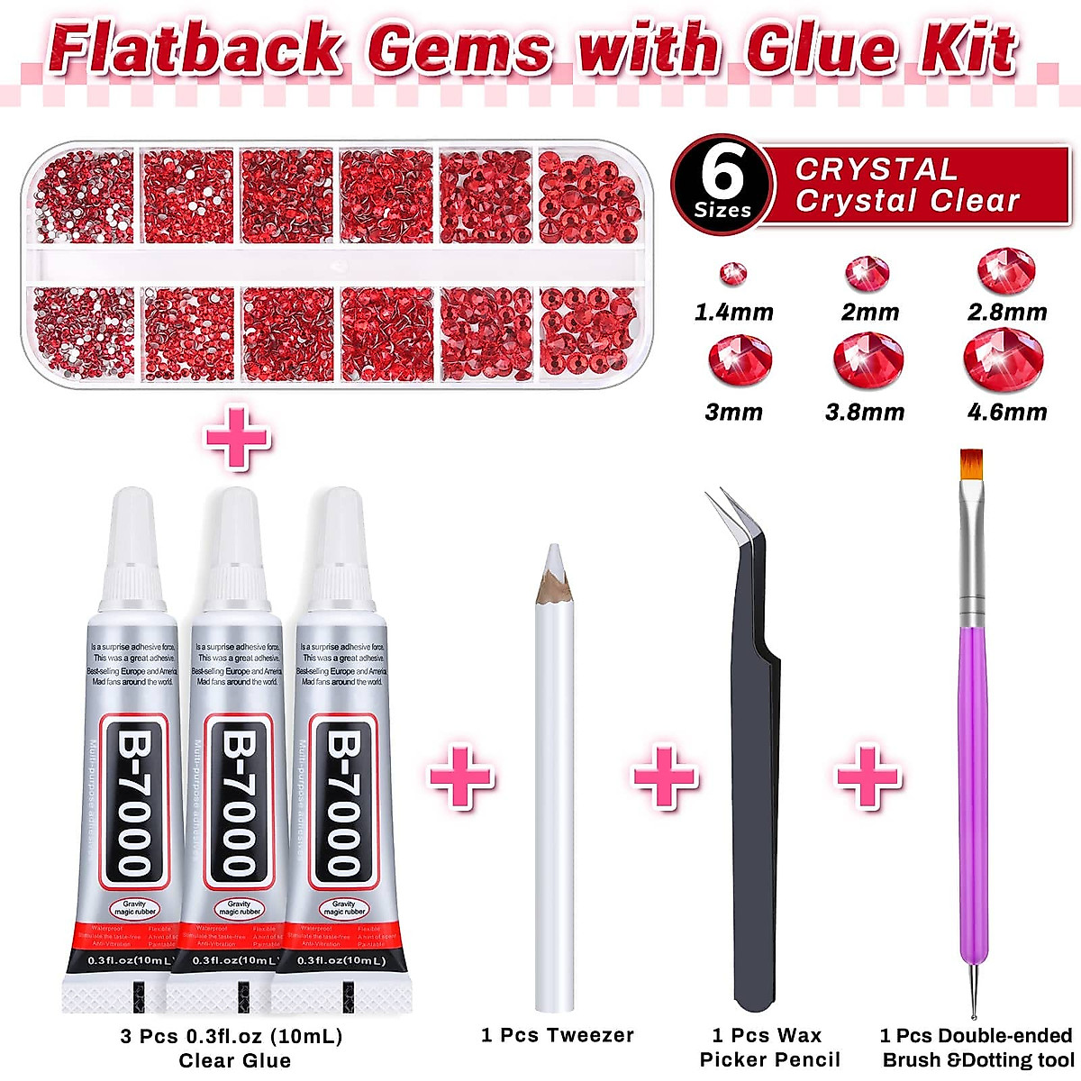 Audab Red Rhinestone with B7000 Adhesive Glue for Craft, 2100Pcs Flat Back Rhinestones Crystal Gems with Dotting Tools Clear Craft Glue for Clothes Fabric Shoes Jewelry Making Nail Art Makeup