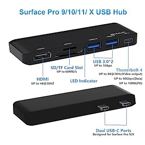 Surface Pro 9/10/11/X Accessories, Surface Pro 9 Docking Station with 4K HDMI, USB-C Thunerbolt 4 (Display+Data+PD Charging), 2 USB 3.0, SD/TF Card Reader for Surface Pro 9/Pro10/Pro11/ProX
