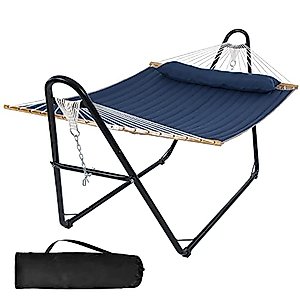 SUNCREAT Two Person Hammock with Stand and Large Soft Pillow, Extra Large Patio Hammock for Outdoor, Blue