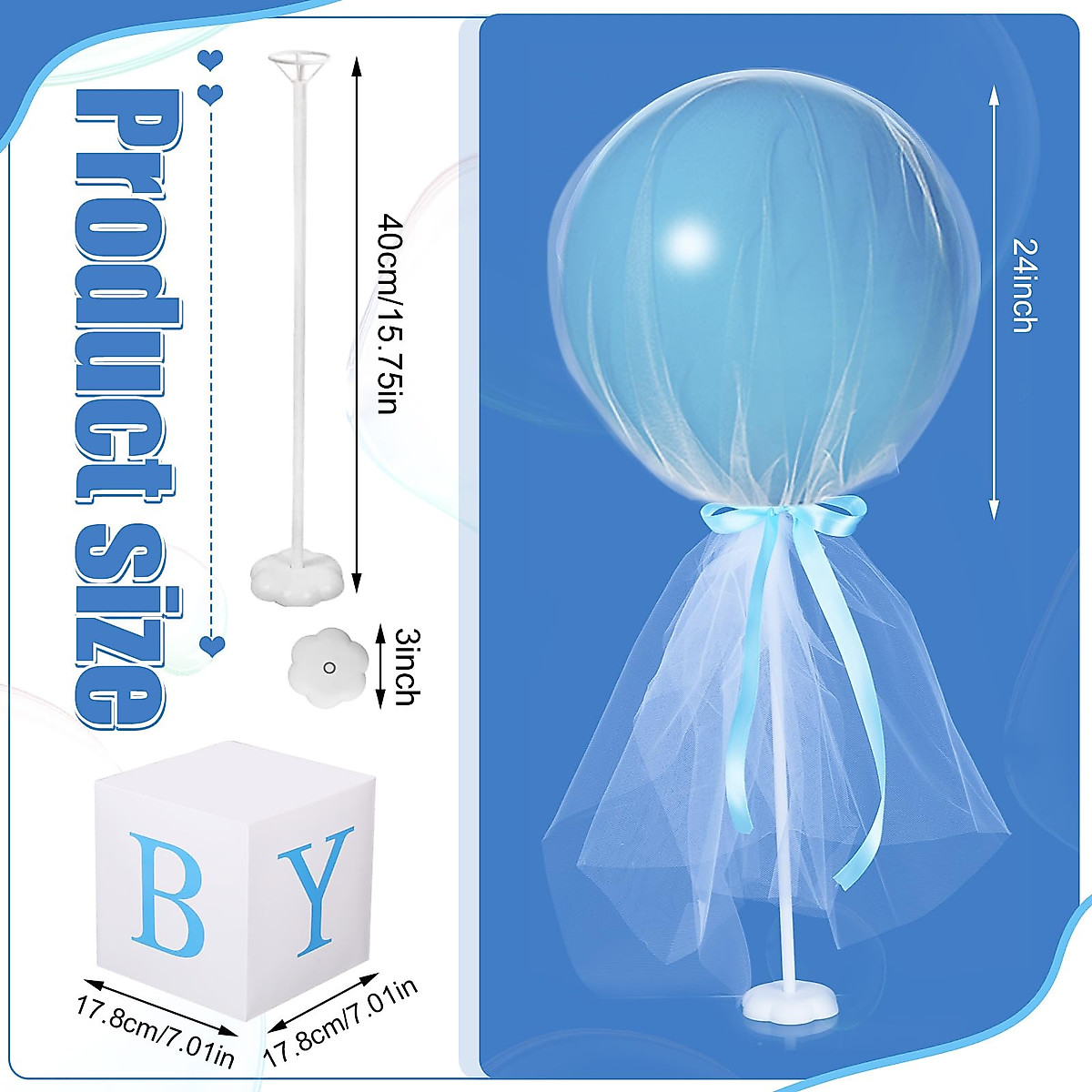 Wettarn 4 Set 24'' Tulle Tutu Balloon with Candy Cake Dessert Box for Baby Shower Wedding Table Centerpieces Party Decor Balloon White Tulle Cover for Wedding Girl and Boy (Boy)
