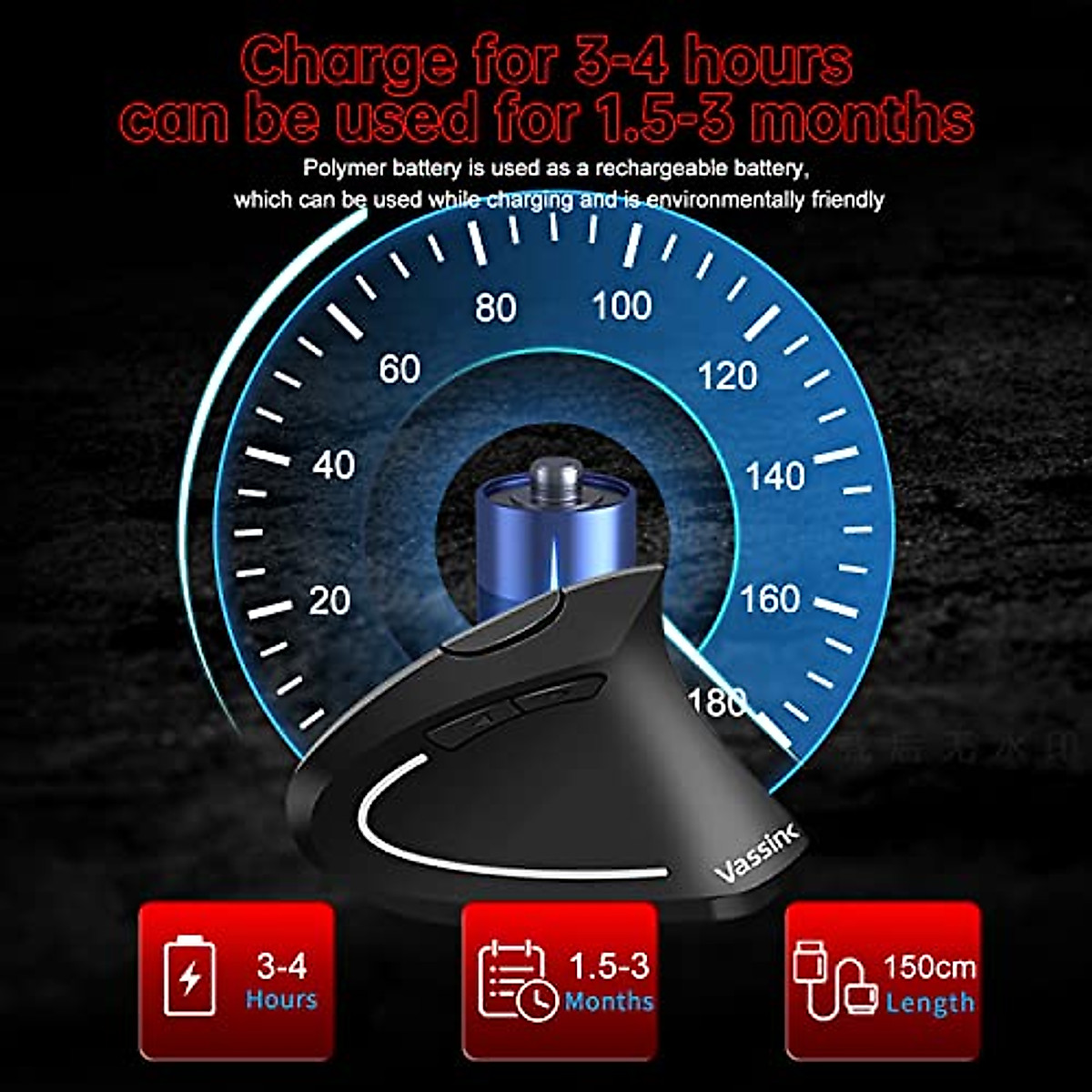 Vassink Ergonomic Mouse, Rechargeable Wireless Mouse, 2.4GHz Rechargeable Wireless Vertical Optical Mice with USB Receiver, 6 Buttons for Laptop, PC, Computer Black
