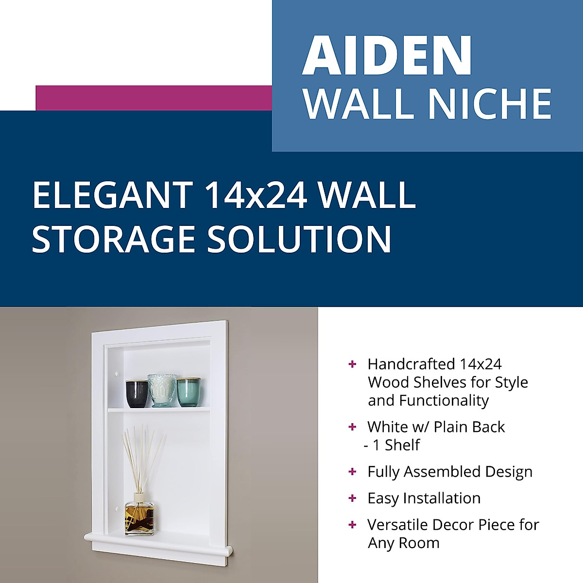 Fox Hollow Furnishings 14x24 Recessed Aiden Wall Niche - Wall Shelf for Storage and Home Decor, 1 Shelf (White W/Plain Back)