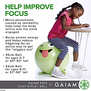 Gaiam Kids Stay-N-Play Children's Balance Ball, Flexible School Chair Active Classroom Desk Alternative Seating, Built-In Stay-Put Soft Stability Legs, Includes Air Pump, 45cm, Purple Miss Sunshine