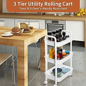 YSSOA Rolling Storage Cart, 3 Tier Slim Mobile Shelving Unit 360° Rotating Wheel Lockable Utility Cart, Ideal for Office, Kitchen, Bathroom, Laundry and Narrow Spaces, White