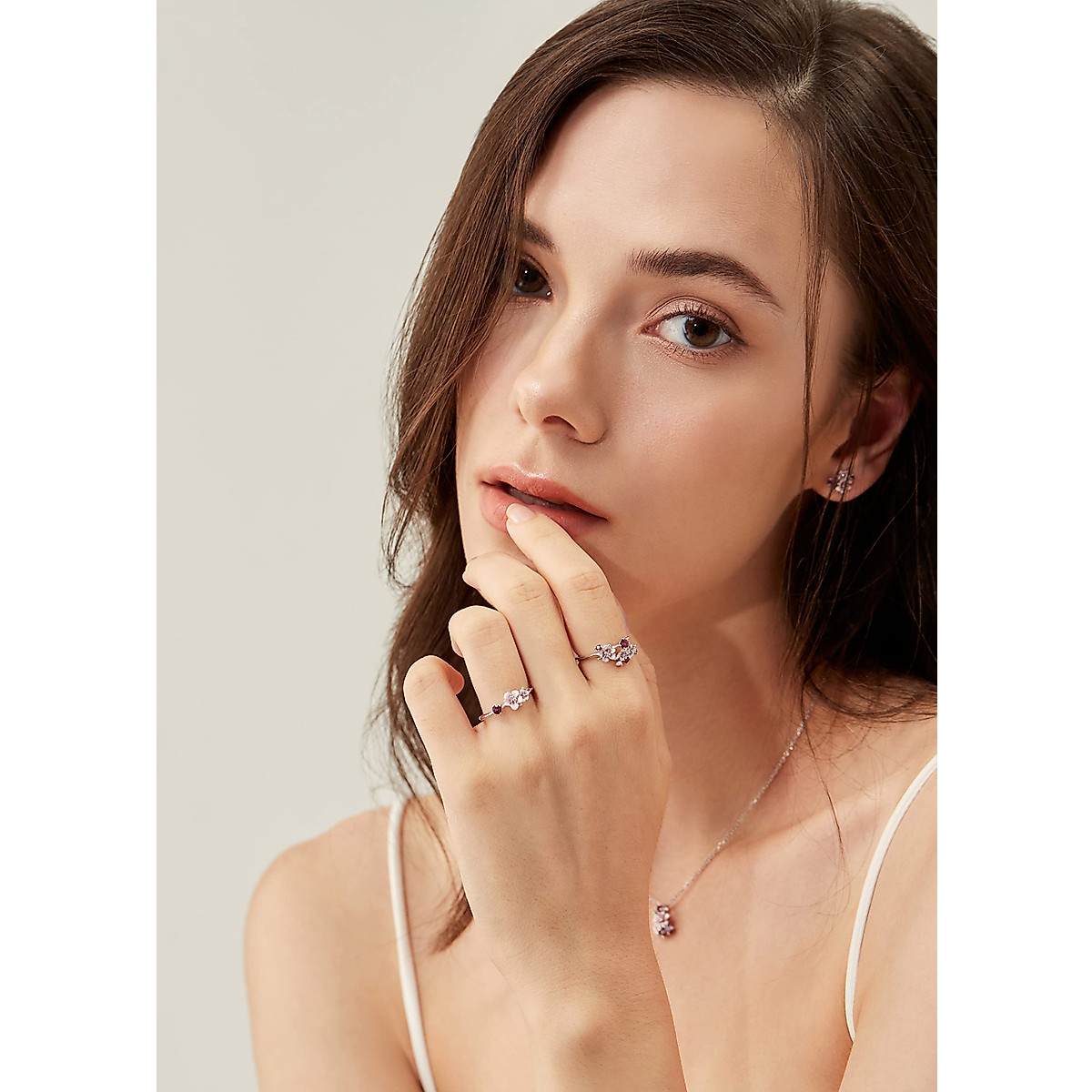 Anthia Jewelry 925 Sterling Silver Enamel Cubic Zirconia Wild Flower Dainty Ring (Silver & Pink, 5)