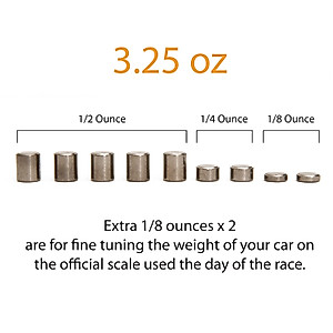 Pinewood Car Derby Weights Tungsten 3.25oz. Pine Race Car Power with Varied Sizes of Incremental Cylinders. Heavy with No Lead. by Dr. Rocket