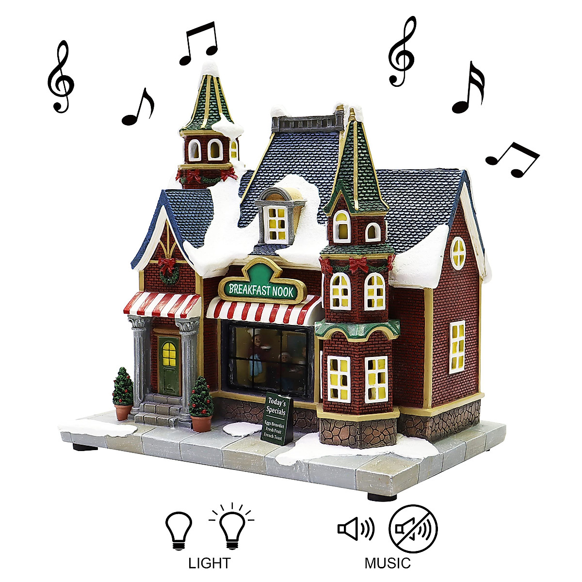 MOMENTS IN TIME Resin Christmas Village Building, Breakfast Nook with LED Lights and Christmas Music - Battery Operated (not Included) (Optional 4.5V Adapter not Included)
