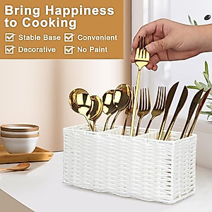 Ayiaren Wicker Silverware Cutlery Holder Flatware Caddy Kitchen Utensils Holder for Countertop Silverware Organizer Storage Containers Spoon Knives Fork Holder White Flatware Silverware Caddies