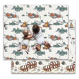 JumpOff Jo - Large Waterproof Foam Padded Play Mat for Infants, Babies, Toddlers, Play Pens & Tummy Time, Foldable Activity Mat, 70 in. x 59 in. - Octopus Treasure