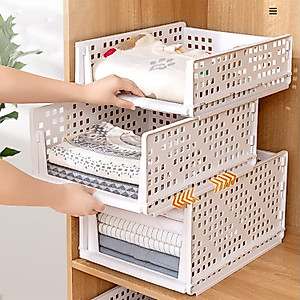 Folding and Stackable Storage Shelf | Foldable Drawer Organizer | Closet Wardrobe Organizer, Set of 4, White
