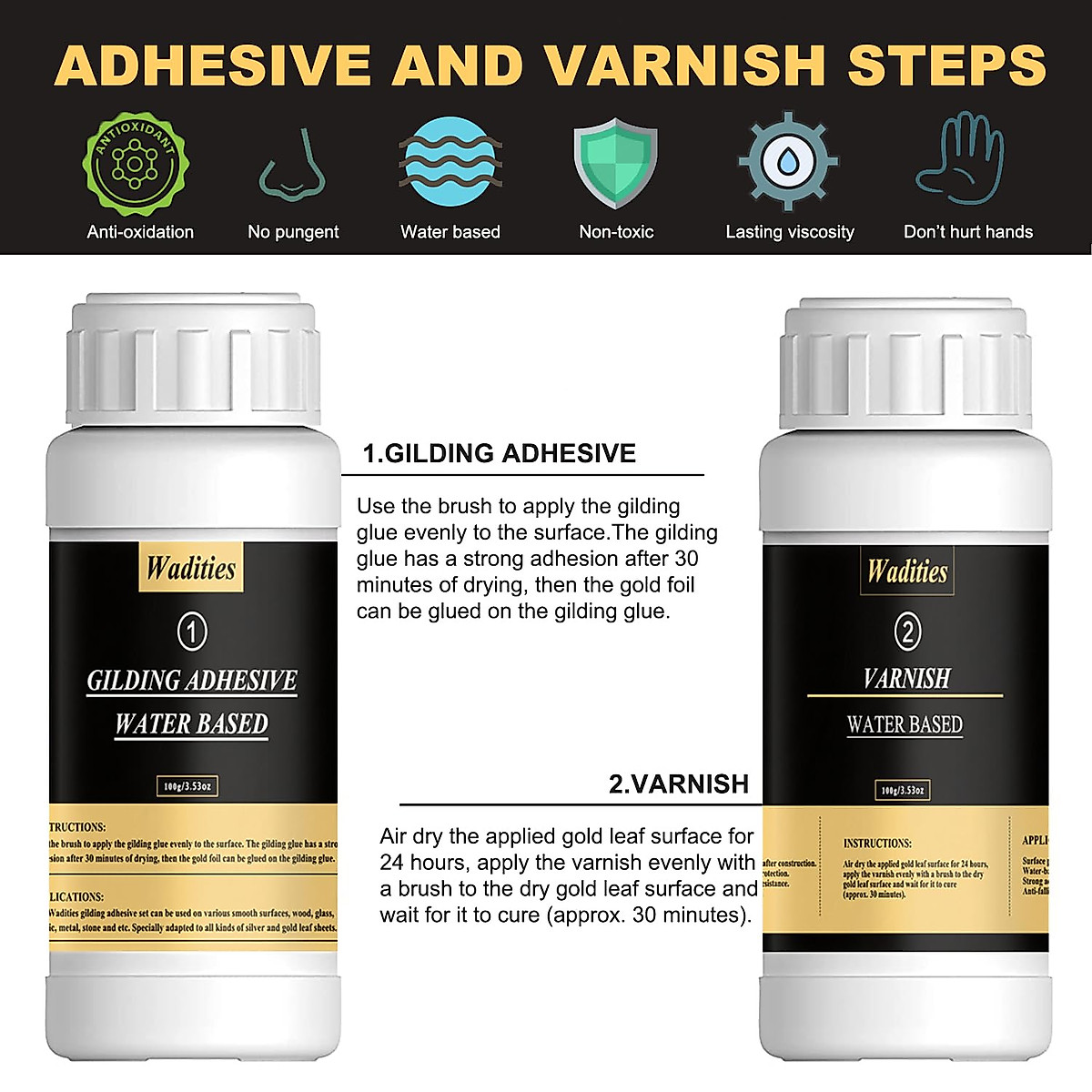 Wadities Gold Leaf Gilding Adhesive Set, 100ml Water Based Metal Leaf Glue and 100ml Varnish, Gold Leaf Sheets 100 pcs, 2 Brushes, for Craft, Painting and Arts