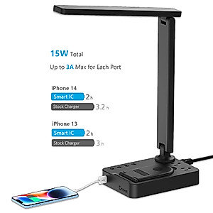 Drevet LED Desk Lamp with Wireless Charger, Desk Table Light with USB Charging Port and 2 Outlets, 3 Lighting Modes, 3 Level Brightness, 1H Timer, Touch Control, Eye-Caring Home Office Foldable Lamp
