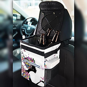 RODAILYCAY Car Trash Can with Lid and Storage Pockets, Waterproof & Leak-Proof Garbage Container Bin for Car, Vehicle Dustbin Flowers Fairy Kissing Butterflies Pink