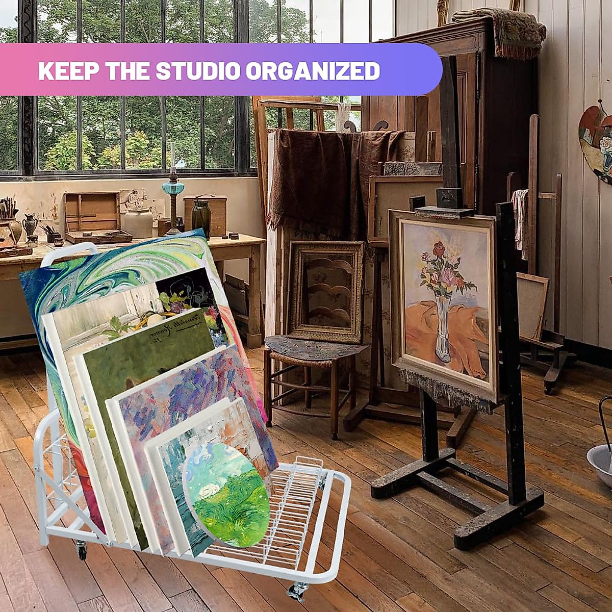 Yeeoy Art Canvas Storage Rack with Caster Wheels, Art Drying Rack Artwork Storage, Drawing Board Storage Rack for Canvas Boards, Frame, Panel, Printed Matter