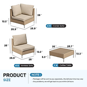 DIFY Outdoor Furniture Patio Set 7 Pieces Wicker Rattan Conversation Set with Thickened Cushions and Coffee Table, Sectional Sofa Set for Porch Deck Garden, Oak