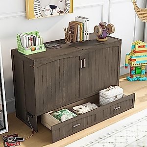 DHHU Murphy Bed Queen Size Cabinet Bed with Built-in Charging Station, Wooden Multipurpose Cabinet Bedframe w/Large Storage Drawer, Save Space Design, No Spring Required Needed