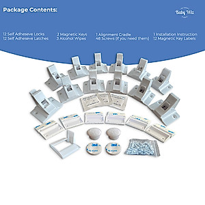 Baby Wiz Adhesive Child Proof Locks for Cabinet Doors, 12 Child Safety Cabinet Locks & 2 Keys, Magnet Cabinet Lock, Child Cabinet Locks, Child Locks for Kitchen cabinets