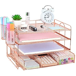 Spacrea Desk Organizers and Accessories - 4 Tier Letter Tray Paper Organizer with Drawer and 2 Pen Holder, Desktop File Organizer for Office Supplies(Rose Gold)