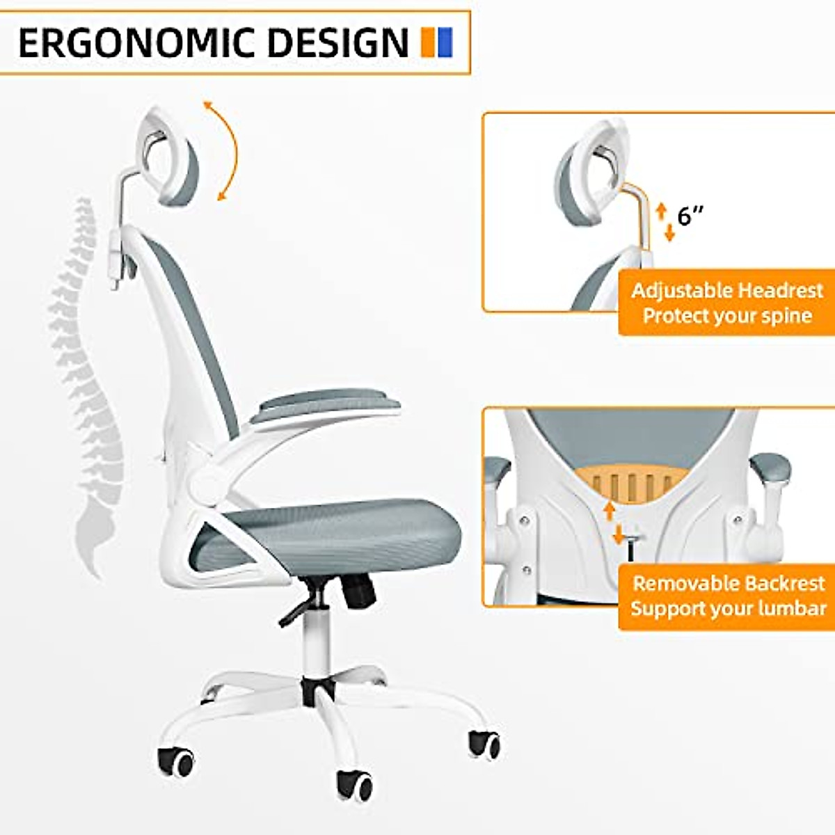MUZII Office Chair with Headrest, Mesh Office Chair, Ergonomic Mesh Office Chair with Lumbar Support, Desk Chair with Wheels, Task Chair with Arms Executive Office Chair for Home Office, Grey