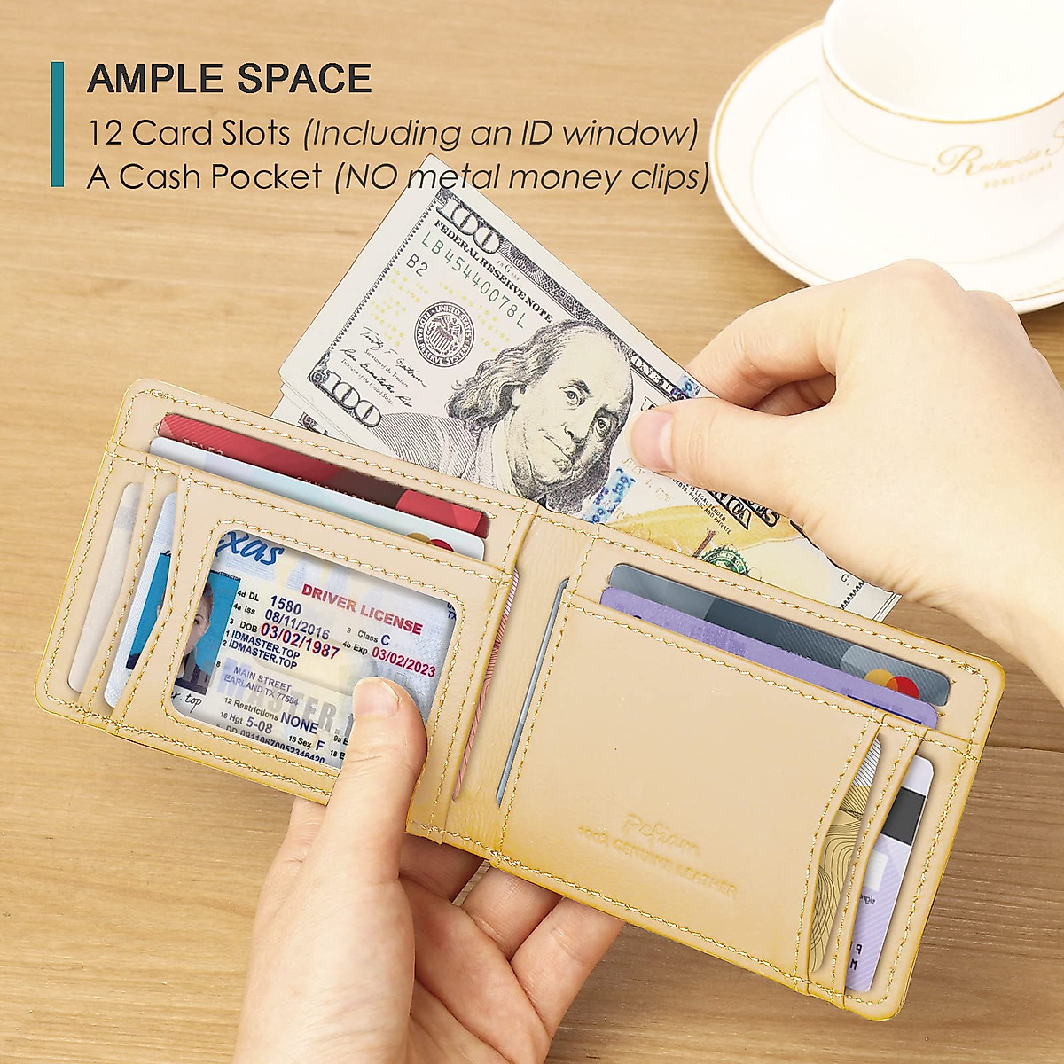 Pefiam Full Grain Leather Bifold Wallet for Men - 12 Slots, RFID Blocking - USA Flag, Brown