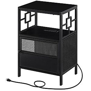 MNEETRUNG End Table with Charging Station, Side Table with USB Ports and Outlets, Bedside Tables with Door, 3-Tier Nightstand for Small Space, Living Room, Bedroom, Black
