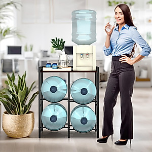 5 Gallon Water Jug Holder for 4 Bottles with Rustic Brown Wood Top Shelf, 5 Gallon Water Jug Stand, 5 Gallon Water Bottle Holder, Heavy Duty Water Dispenser Stand for Home Kitchen/Office/Living Room