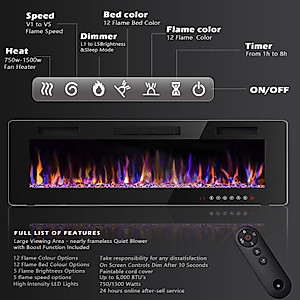 BOSSIN 72 inch Ultra-Thin Silence Linear Electric Fireplace, Recessed Wall Mounted Fireplace, Fit for 2 x 4 and 2 x 6 Stud, 12 Adjustable Flame Color & Speed,Touch Screen Remote Control with 8h Timer