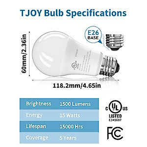 TJOY LED Light Bulbs, 100 Watt Equivalent A19, 5000K Daylight LED Bulbs, 15W Bright White Light Bulbs, Energy Saving Light Bulb with E26 Standard Base, 1500 Lumens Non Dimmable Lamp Bulb, 12 Pack