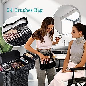 Stagiant Rolling Makeup Case 4 in 1 Cosmetology Case on Wheels Makeup Travel Case with Brush Waist Bag Key Swivel Wheels Salon Barber Case Traveling Cart Trunk Cosmetic Trolley Balck Star