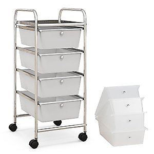 COSTWAY Rolling Storage Cart with 4 Drawers, Plastic Storage Cart and Organizer w/ 4 Removable Drawers, Multipurpose Organizer Cart for Home Scrapbook Paper Office School Tools (White)