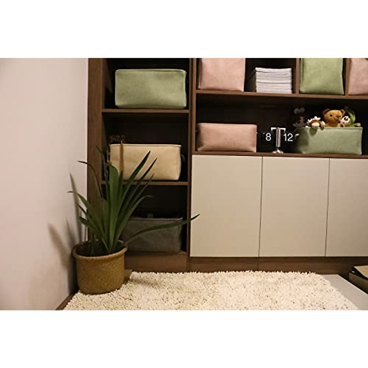 HARMOSO Collapsible Storage Basket (14Lx10.6Wx6.6H) Decorative Storage Bins with Handles Canvas Storage Baskets for Shelves Gift baskets organizing Toys Clothes Books baskets (Green,3Pack)