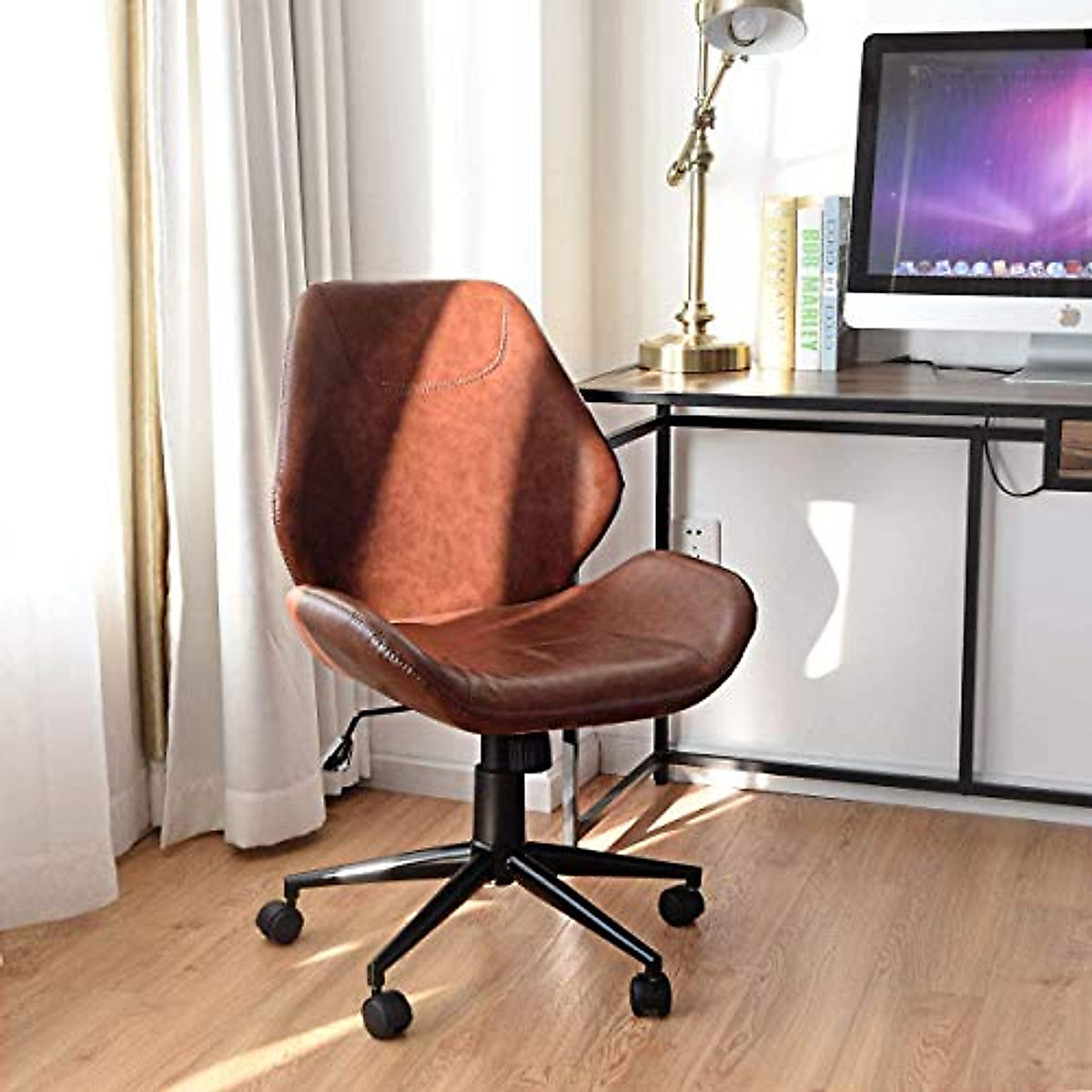 Giantex Home Office Leisure Chair Ergonomic Mid-Back PU Leather Armless Chair Upholstered with 5 Rolling Casters, Height Adjustable Swivel Chair