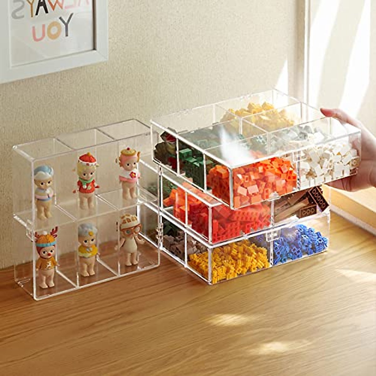 Figures Display Case with Door, Lego Parts Storage 6 Compartments Organizing Cabinet with Lid, Clear Storage Box for Small Particles Parts Toys, Transparent Showcase Shelf