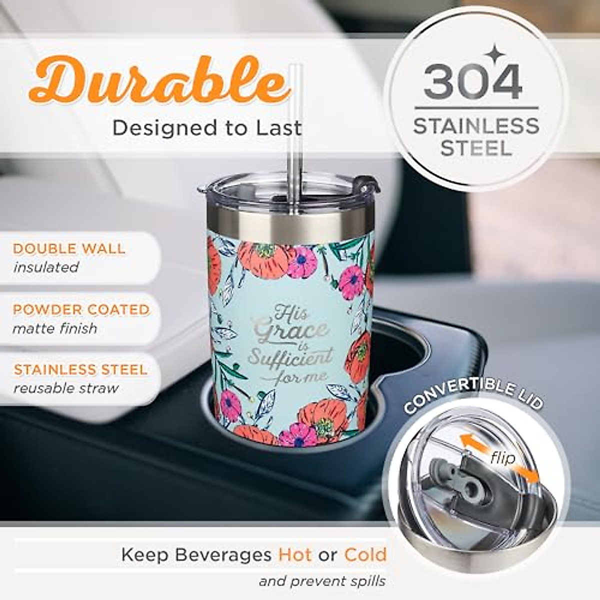 Christian Art Gifts Stainless Steel Double-Wall Vacuum Insulated Tumbler w/Straw & Lid 18 oz Teal Floral Inspirational Bible Verse Travel Mug for Women - His Grace is Sufficient - 2 Cor. 12:9