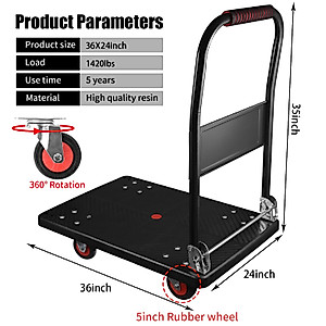 FRYPLS Folding Platform Truck Cart,36''×24'' 1420LBS Foldable Hand Push Flated Dolly Moving Cart with 360° 5'' TPR Rotatable Silent Strong Wheels for Warehouse, Supermarket, Agricultural Transportatio