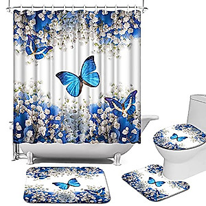 AtGoWac 4 Pieces Flower and Butterfly Shower Curtain Sets with Rugs, Romantic Blue Butterfly Shower Curtain