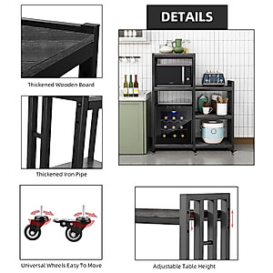 6-Tier Kitchen Bakers Rack, Multifunctional Storage Shelf, Mini Fridge & Microwave Oven Stand Table, Coffee Bar, Adjustable Kitchen Shelves Freestadning (Charcoal Black Wood Grain Print with wheels)