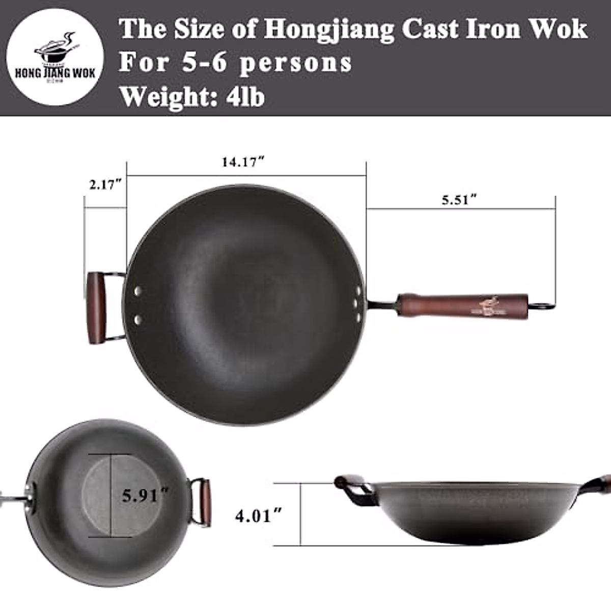 Cast Iron Wok Pan, 14.2" Preseasoned Nonstick Stir-Fry Pans, Flat Bottom Wok with Glass Lid and Wood Handle, Uncoated Traditional Chinese Wok for Induction, Electric, Gas Stoves