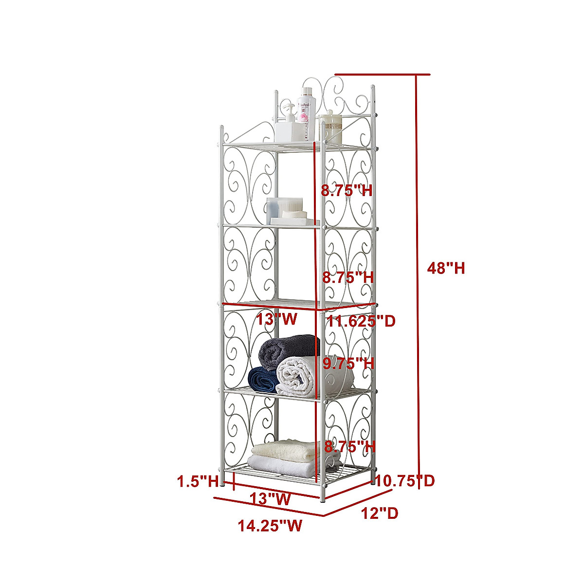KB Designs - Free-Standing 5 Tier Bathroom Storage Shelf Unit, Metal Rack Shelving for Kitchen Living Room Hallway, White
