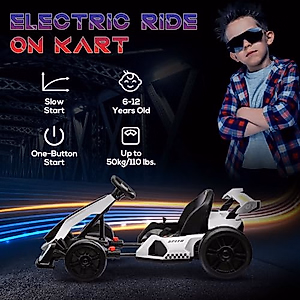 Aosom 24V 7.5 MPH Electric Go Kart with Adjustable Seat, Drifting Car Battery Powered Ride on Toy Outdoor with Slow Start, Button Start, Music, Honking Horn, Lights, for 6-12 Years Old, White