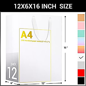 EUSOAR White Kraft Paper Bags, 12pcs 12"x 6"x 16" Extra Large Paper Shopping Bags with Handles, Heavy Duty Paper Merchandise Bags Bulk, Party, Favor, Goody,Boutique, Merchandise, Retail Bags