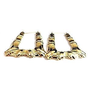 Bamboo Hoop Earrings Silver or Gold Tone Earrings 3 inch Puffy Square Hoops (Gold)