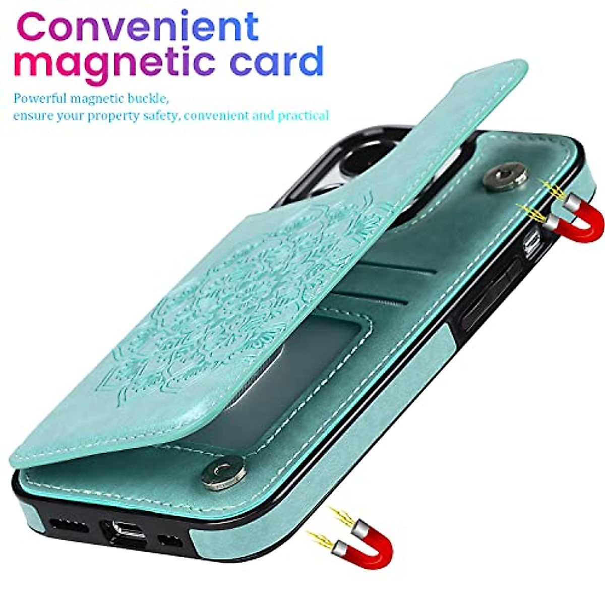 Designed for iPhone 13 Case with Card Holder,Slim Flip Cover for Woman Mandala Emboss PU Leather with Kickstand Credit Card Slots Magnetic Clasp Wallet Phone Case for iPhone 13,6.1 Inch (Mint)