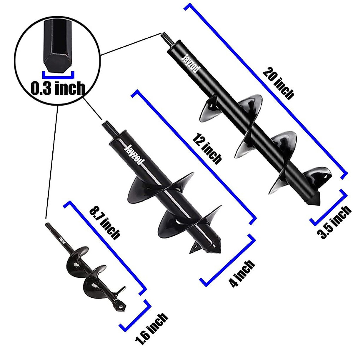 Jayzod Auger Drill bit for Planting 1.6”X10"&4”X12"&3.5”X20"Black Garden Auger Spiral Drill Bit,Bulb & Bedding Drill Augers,Plants Drill bit for 3/8” Hex Drive Drill