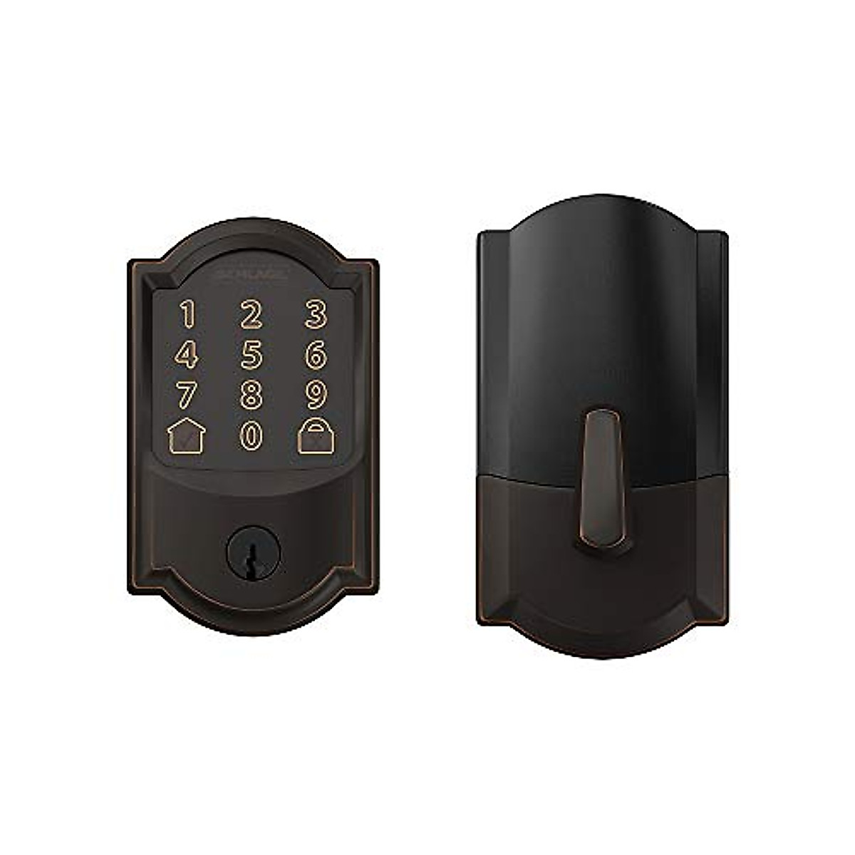 Schlage Encode Smart Wi-Fi Deadbolt with Camelot Trim in Aged Bronze & Schlage FE285 CAM 716 Acc RH Camelot Front Entry Handleset with Right-Handed Accent Lever, Lower Half Grip, Aged Bronze