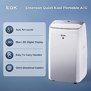 Emerson Quiet Kool 14000 BTU ASHRAE/10000 BTU DOE 115V Portable Air Conditioner with Dehumidifier and Remote Control, AC for Apartment, Bedroom, Medium/Large Rooms up to 550 Sq. Ft. in White