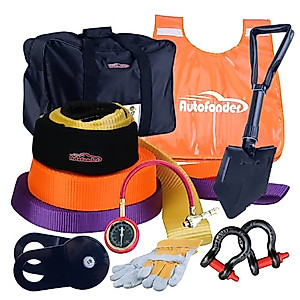 Autofonder 11Pcs Recovery Gear Offroad 4x4 kit-3 Pk Snatch Straps+2 D-Shackles+Snatch Block+Folding Survival Shovel+Tire Deflator+ Leather Gloves+Winch Dampener +Gear Bag- Tow Strap Recovery Set
