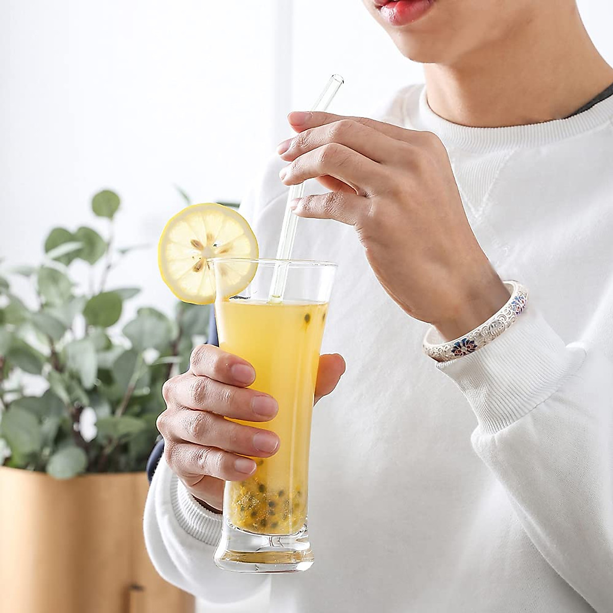 SOOMILE Reusable Glass Straws Set, Pack of 4 Clear Glass Straws With Cleaning Brush (2bent2straight)